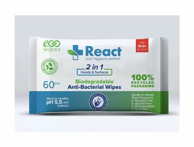 React Biodegradable Antibacterial Wipes Pack of 60
